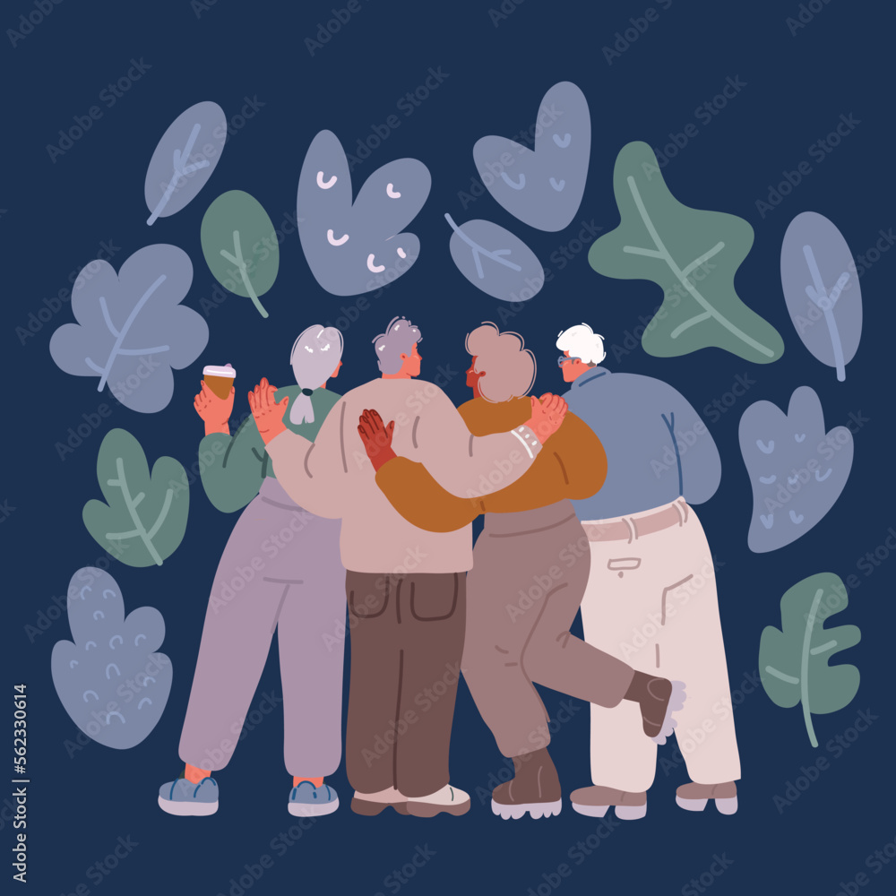 Vector cartoon illustration of Friends from behind. Hugging happy ...