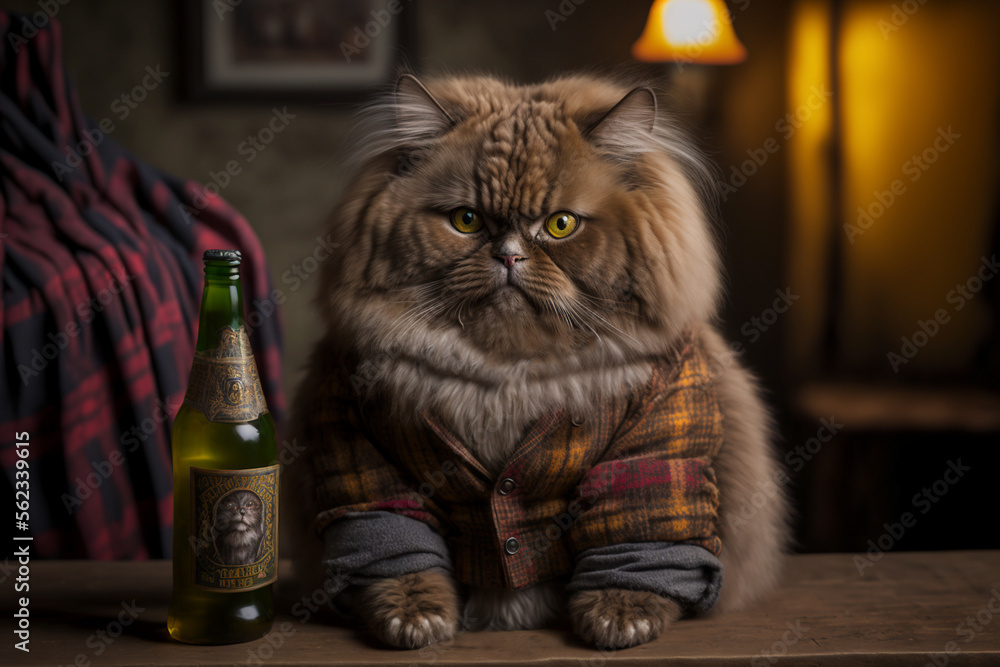 stern looking british longhair cat in a tartan suit enjoying a pint of ...