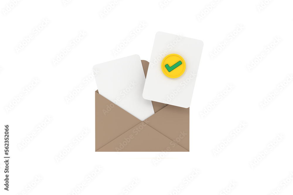 Open mail envelope icon with check mark isolated. Render approvement ...