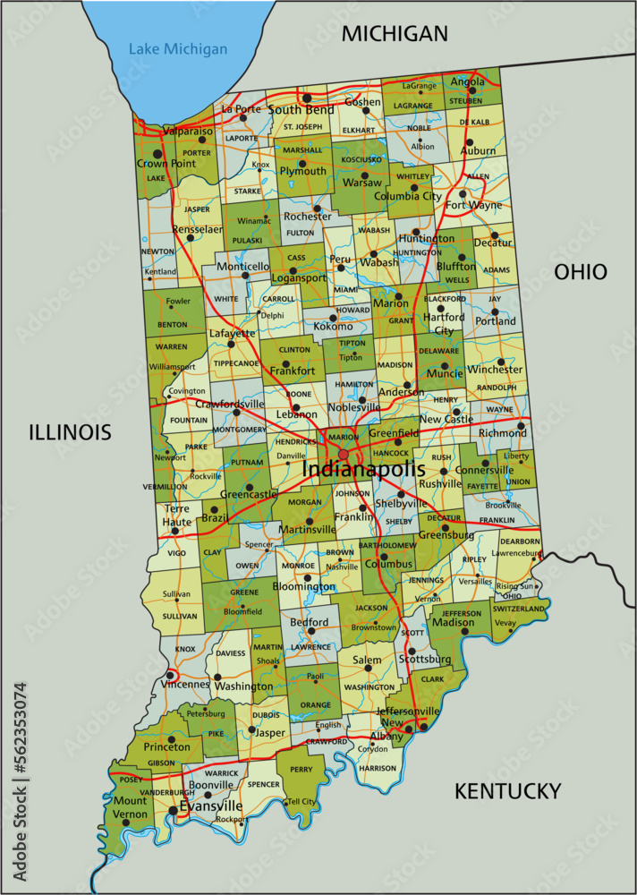 Highly detailed editable political map with separated layers. Indiana ...