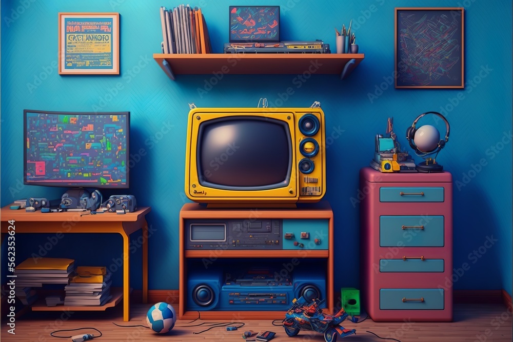 Retro kid's room interior with vintage devices and pop culture posters ...