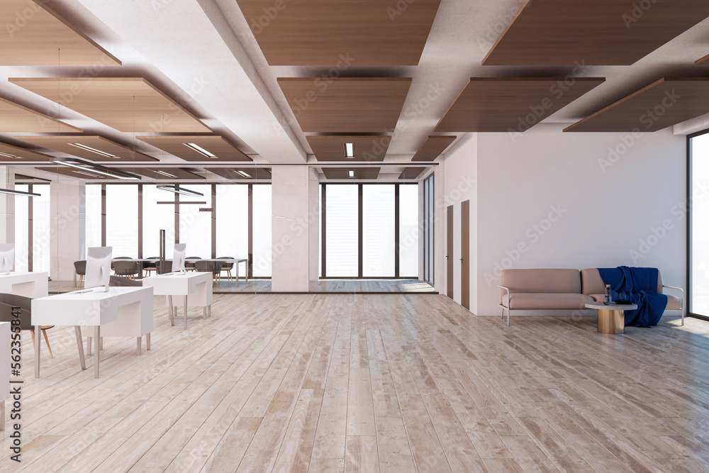 Simple concrete and wooden coworking office interior with equipment ...