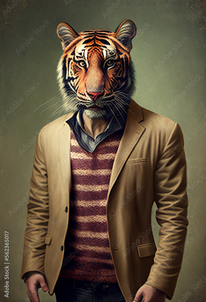 Surreal hybrid creature, half tiger, half man in mythologie, wearing a ...