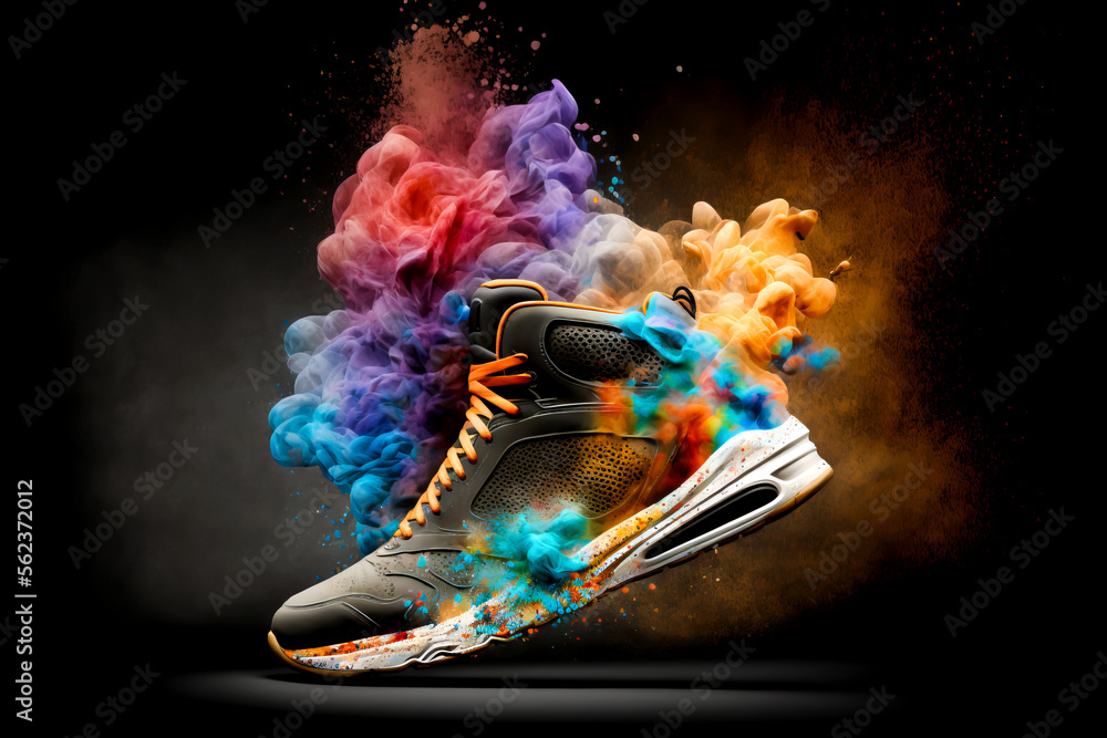 Black shoe on abstract multicolor smoke explosion background. Colorful ...