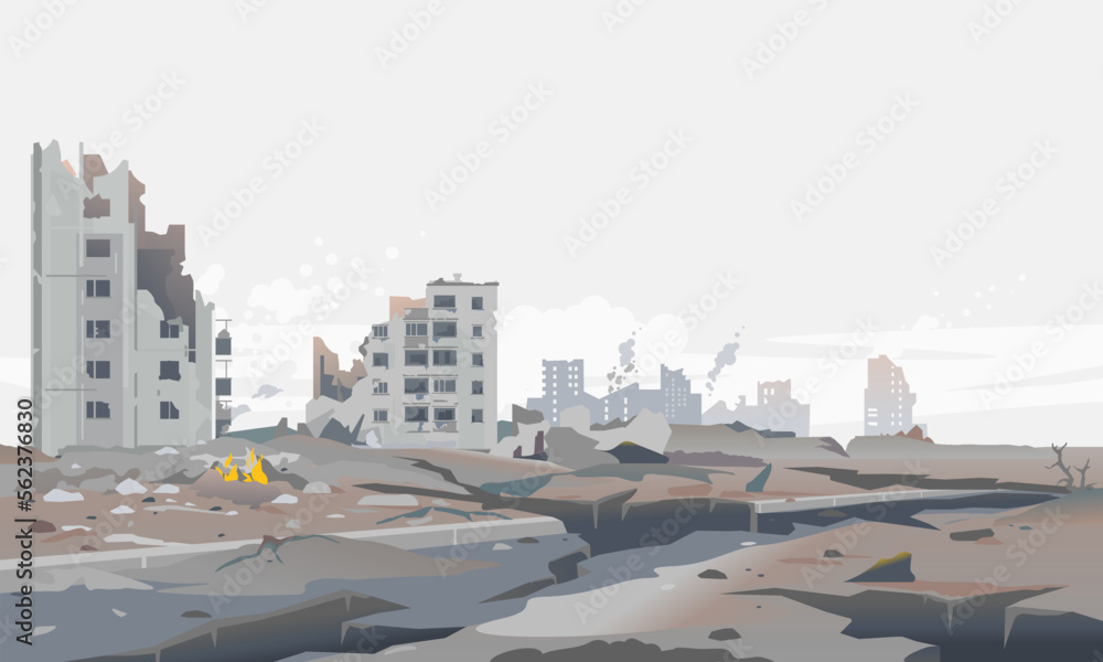 Destroyed city concept landscape background illustration, building ...