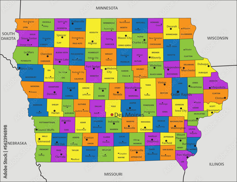 Colorful Iowa political map with clearly labeled, separated layers ...