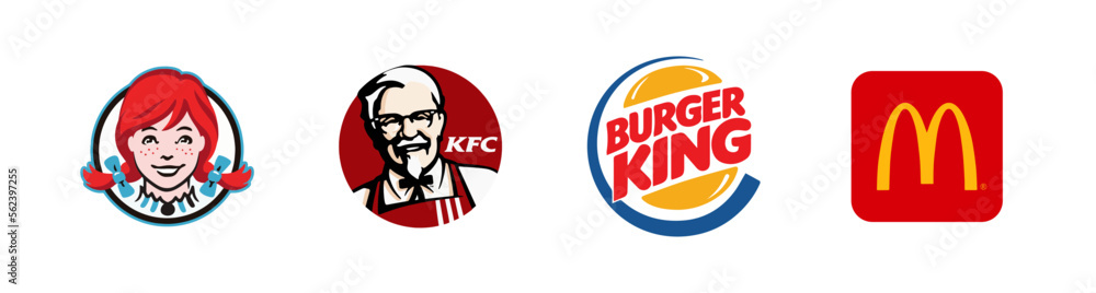 Brands of popular FastFood and restaurant. Wendys , McDonalds, KFC ...
