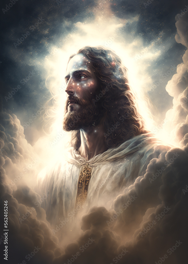 Jesus Christ in Heaven surrounded by clouds and light portrait ...