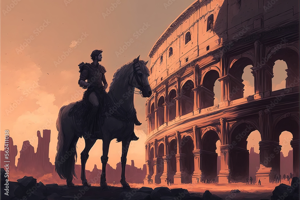 a gladiator on a horse is watching the old coliseum, antique ...