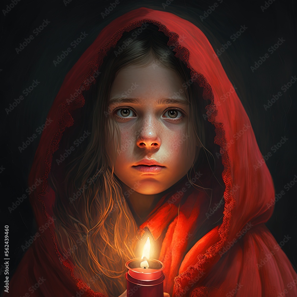 Girl in a red cape, isolated young girl at night holding a candle ...