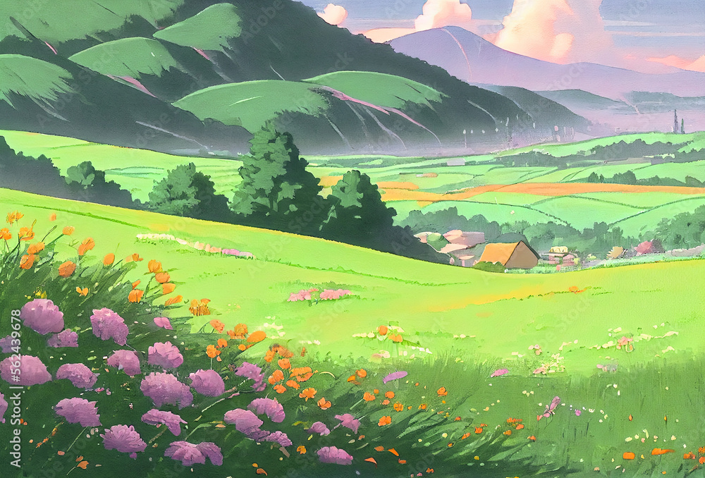 Anime Painting Of A Green Landscape Full Of Flowers With Smooth Hills ...