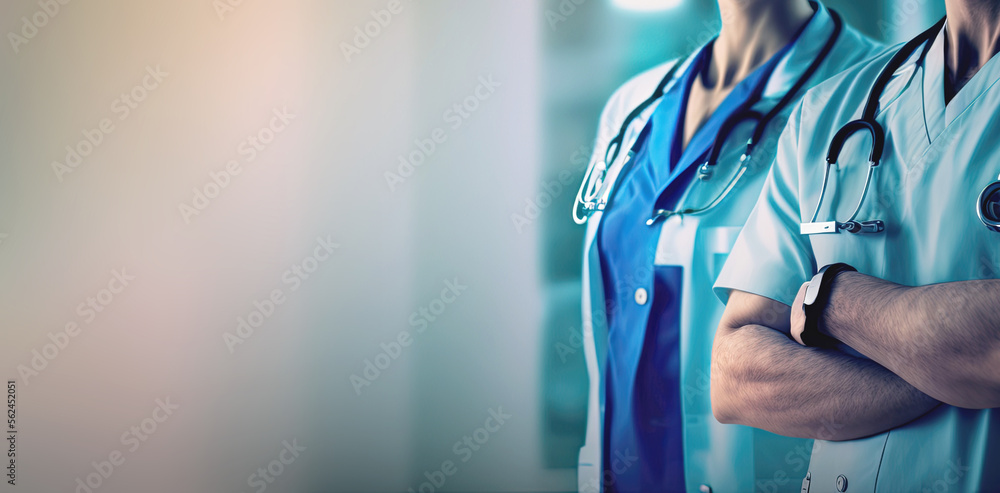 Standing doctor in front of blurred hospital interior background with ...
