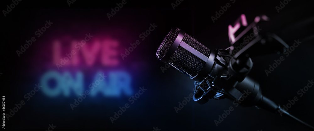 live on air. radio podcast broadcasting studio microphone with neon ...