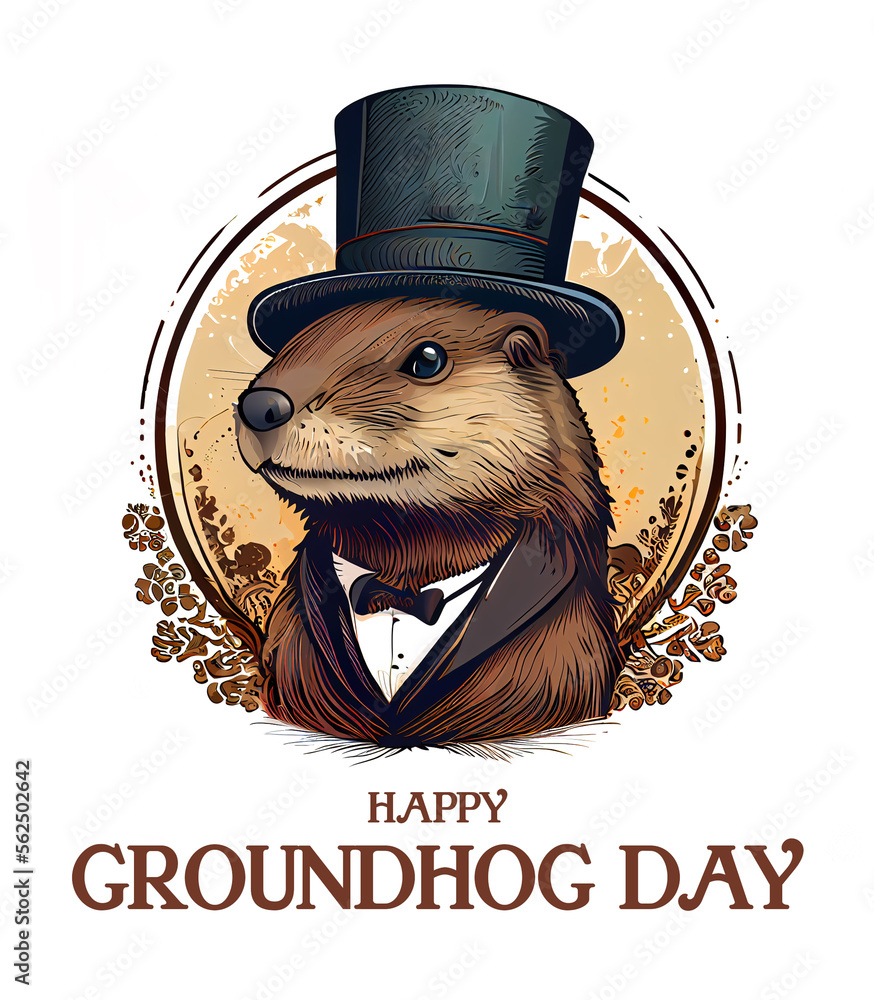 Happy Groundhog day poster. Cute groundhog in Cylinder Hat with floral ...