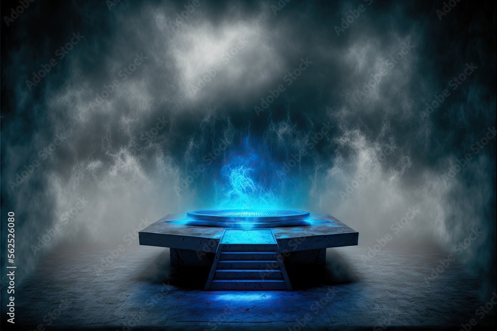 Blue futuristic empty podium stage with Smoke and neon light generative ...