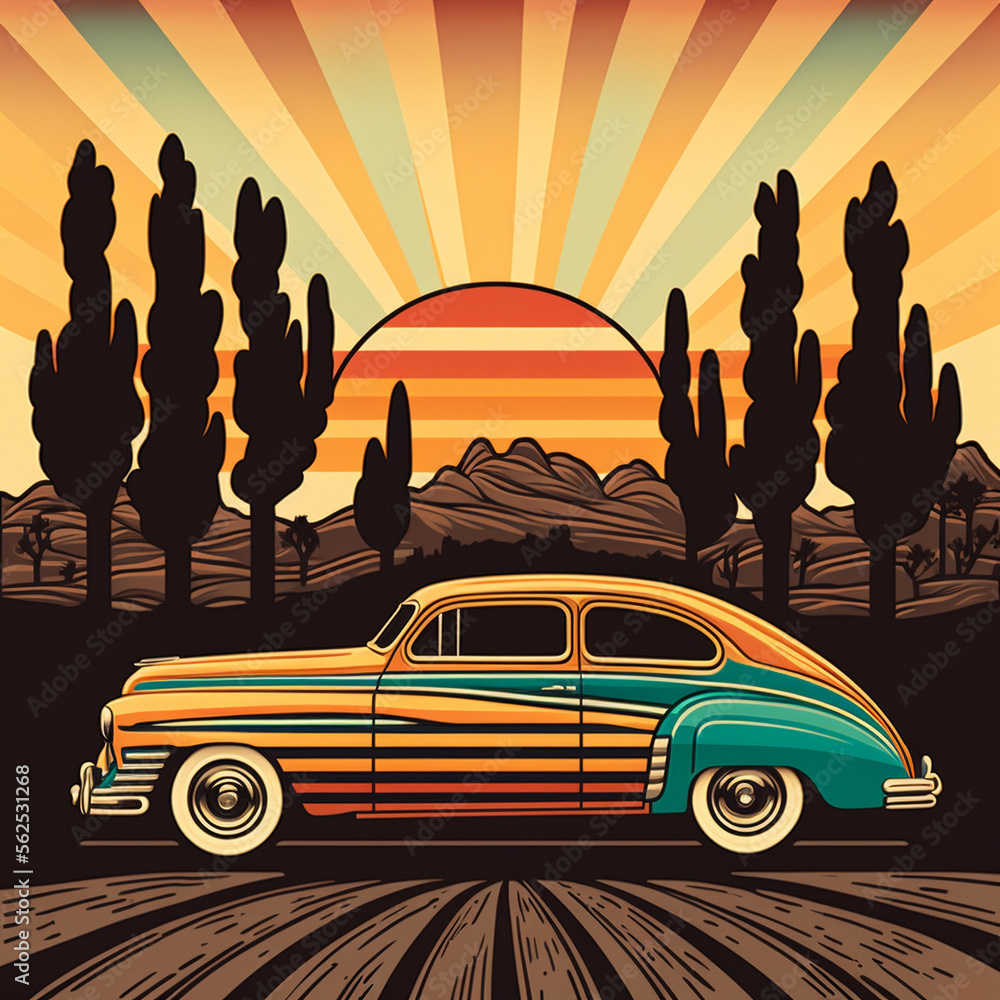 Retro Car with sunburst background in vintage brown orange red and blue ...