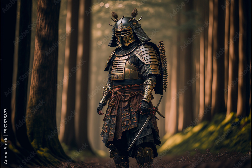 Ilustración de Stock Samurai in traditional armor in the forest ...
