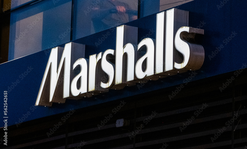 NEW YORK, NEW YORK - JANUARY 11, 2023: Marshalls logo and storefront in ...