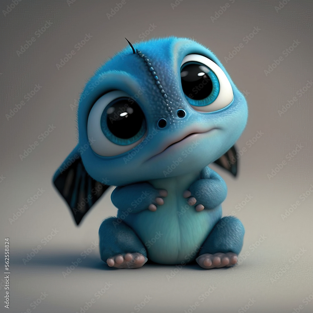 Incredibly cute baby monster with blue skin and long ears, white gray ...