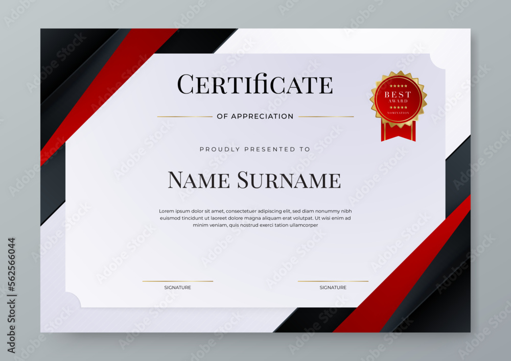 Modern premium award abstract black and red certificate design template ...