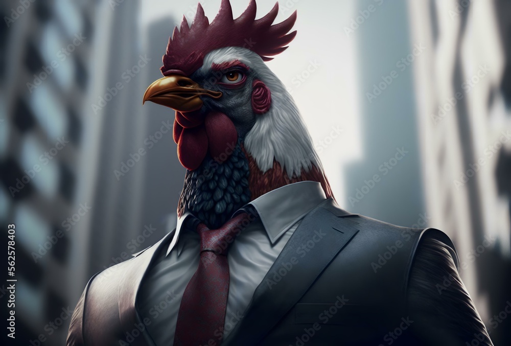 rooster in a suit standing tall in front of a skyscraper, representing ...