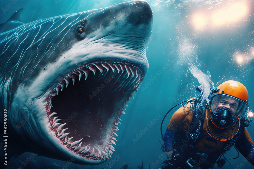 Shark attacks scuba diver underwater, open mouth with great teeth ...