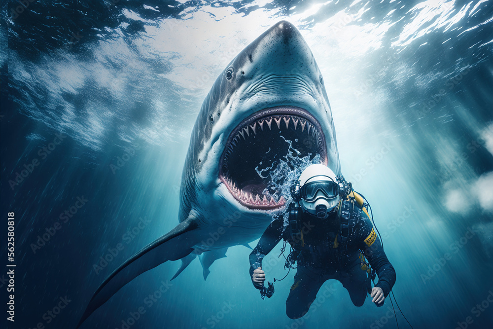 Ilustración de Stock Shark attacks scuba diver underwater, open mouth ...