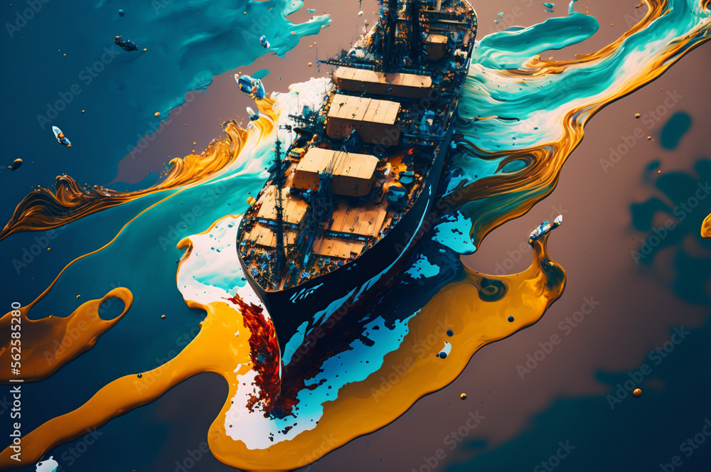 Oil leak from tanker ship in sea. Fuel spill pollution water as result ...