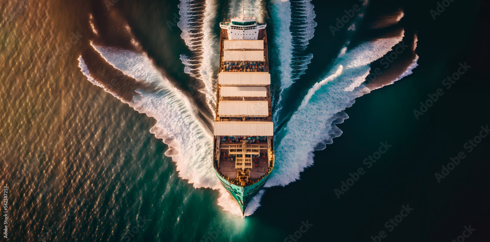 Aerial top view of cargo maritime ship with container in water ocean ...