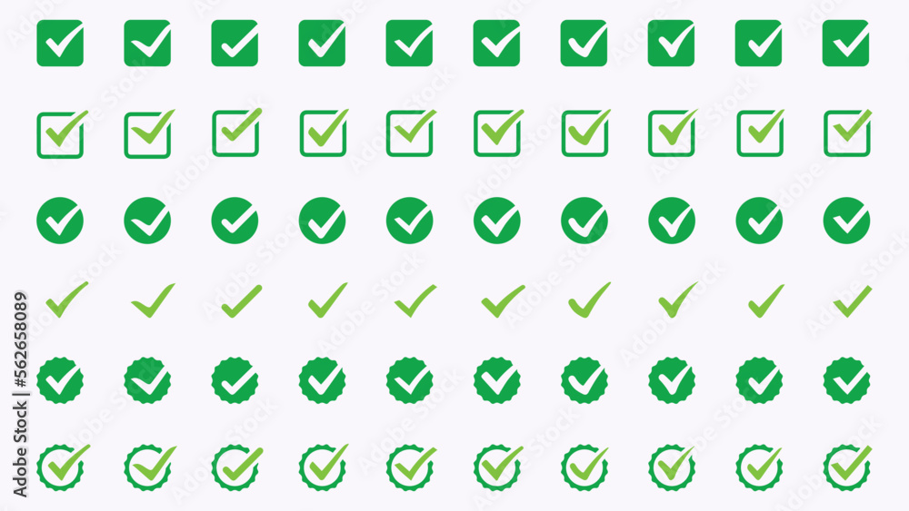 Set of green check mark icons. Check marks symbol collection. Checked icon or correct choice ...