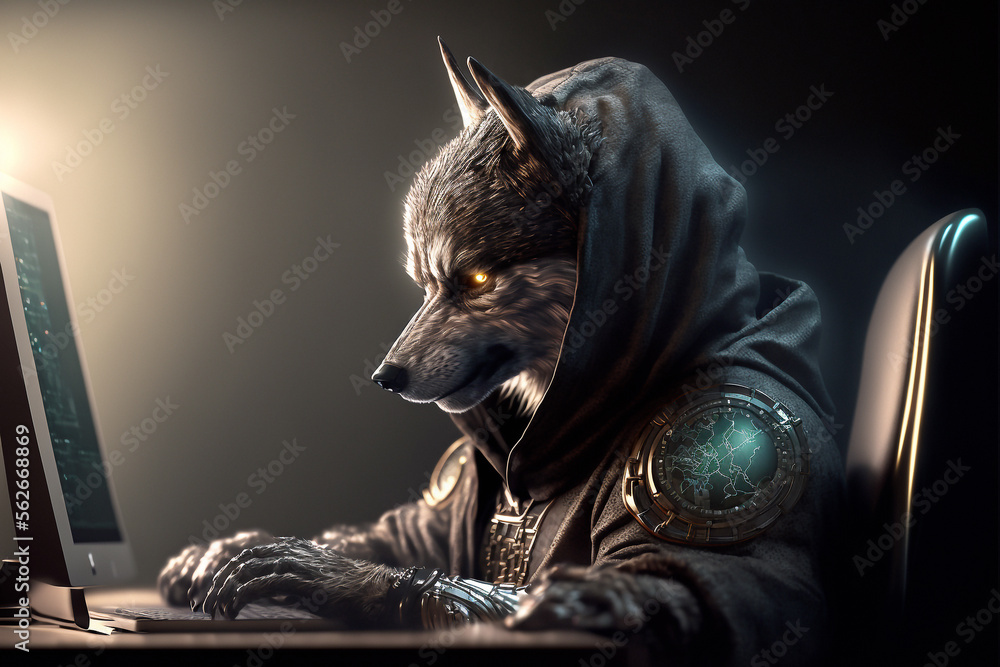 Anthropomorphic wolf, hacker, wearing a Hoodie, dim light shining on ...