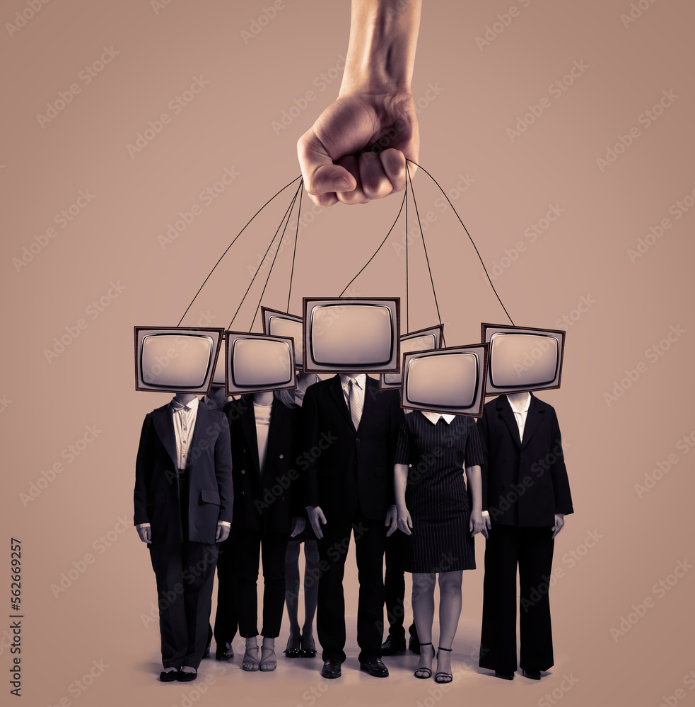 Contemporary art collage. Group of people with retro tv heads standing ...