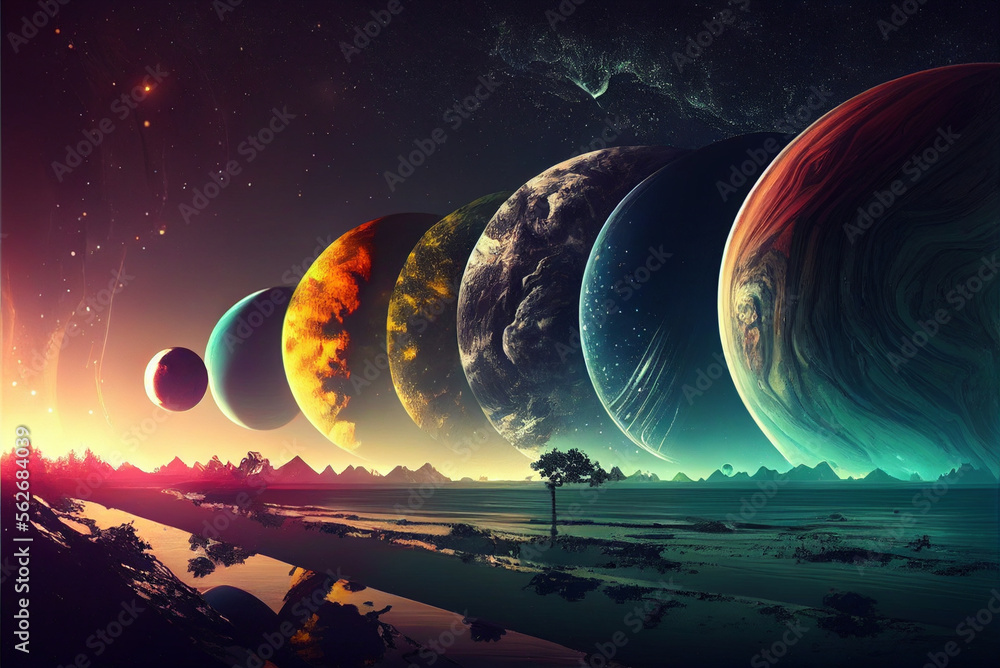 Colorful planets in space, background/wallpaper/desktop, generative ai ...