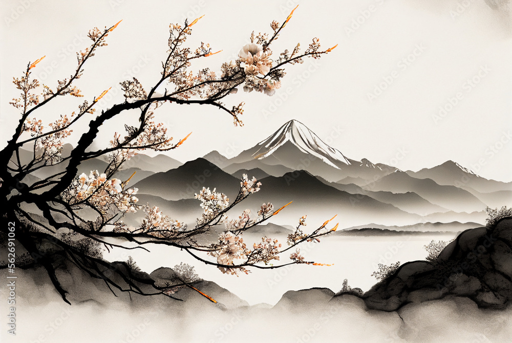 Beautiful Japanese art, red flowers in foreground, heavy mist around ...