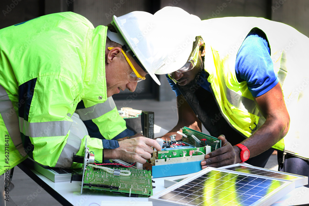 Two electrical engineers working with electronic circuit board and ...