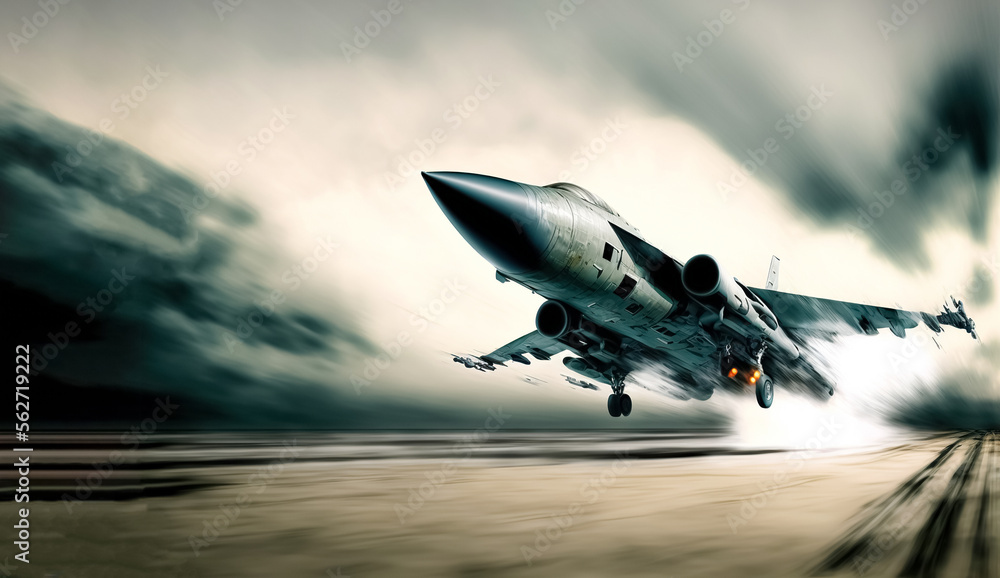 Combat military fighter rapidly takes off at high speed from the runway ...
