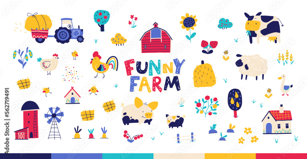 Farm cartoon collection. Vector hand-drawn characters of domestic ...