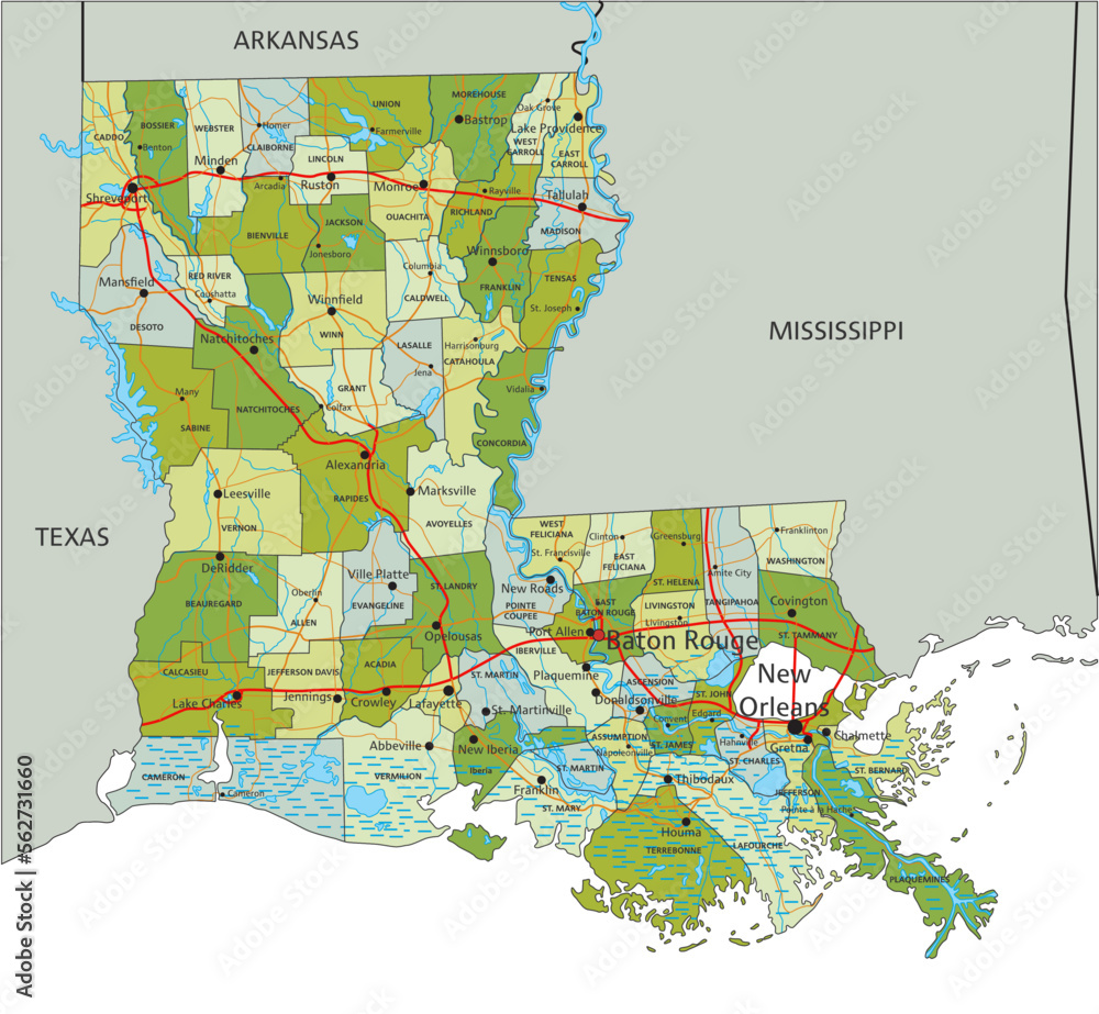 Highly detailed editable political map with separated layers. Louisiana ...
