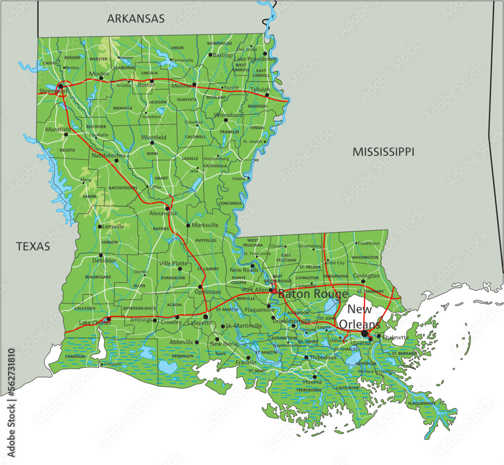 High detailed Louisiana physical map with labeling. Stock Vector ...