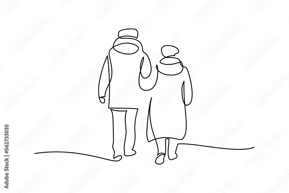 Elderly couple in continuous line art drawing style. Rear view of ...
