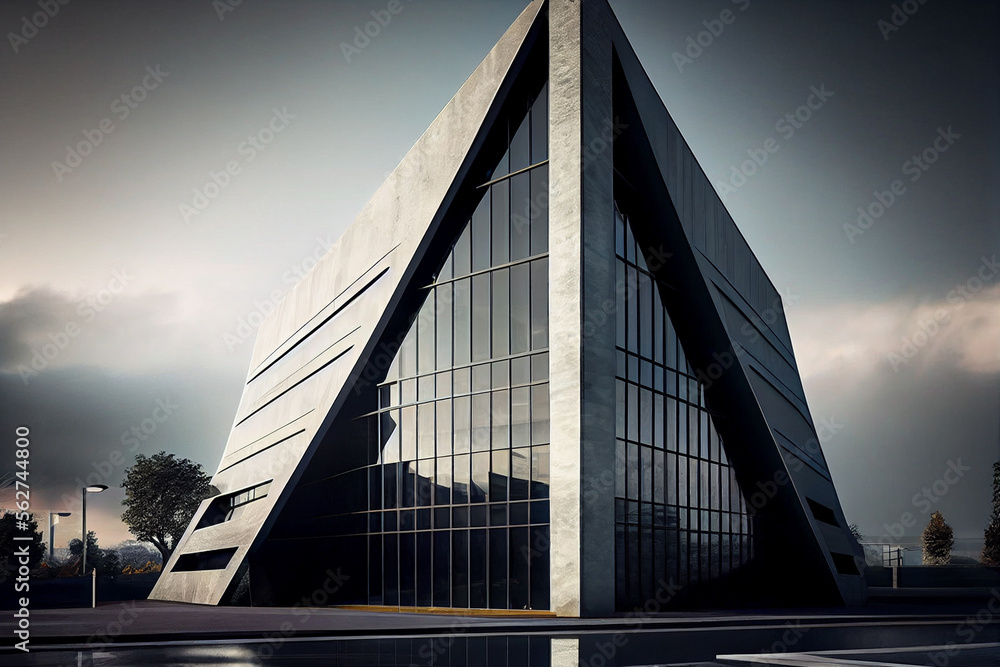 Contemporary triangle shape design building exterior. Futuristic modern ...