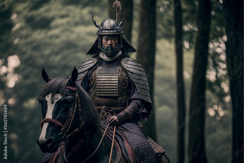 Samurai in the forest on horseback, Japanese medieval warrior in armor ...