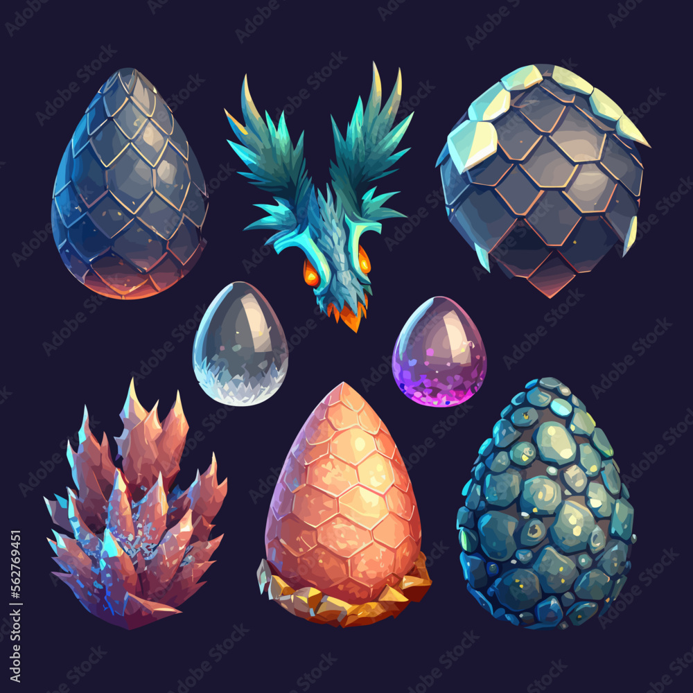 Dragon eggs with different texture for ui game design. Isolated on ...