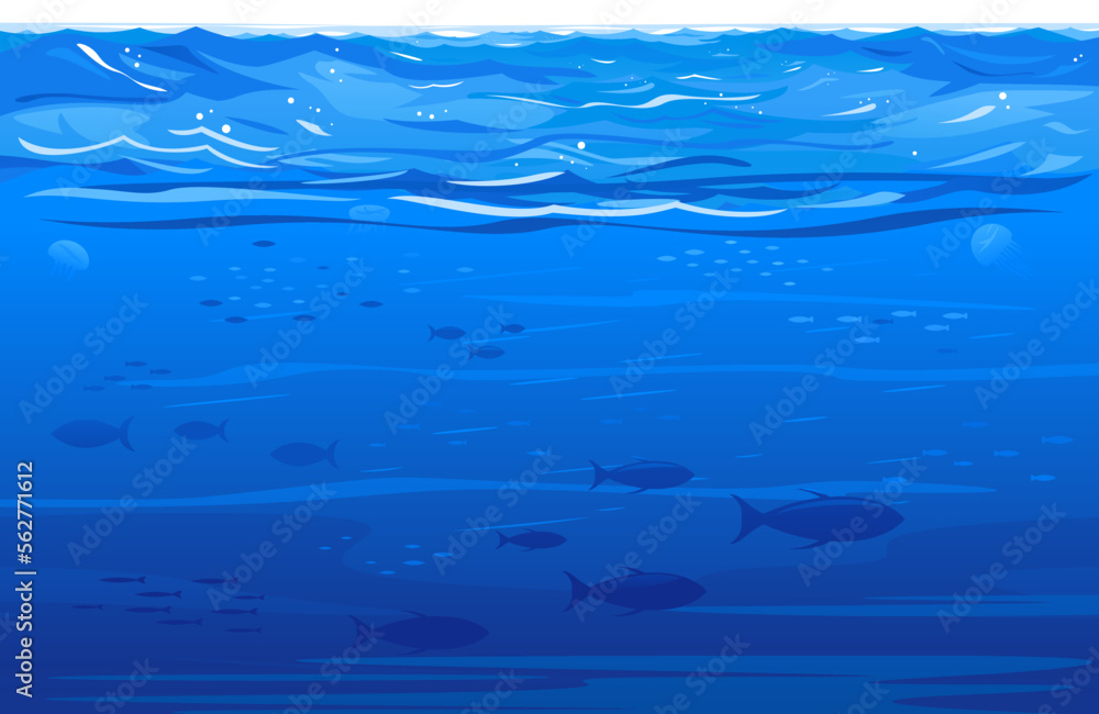 Ocean in section waves with underwater life, underwater sea with many ...