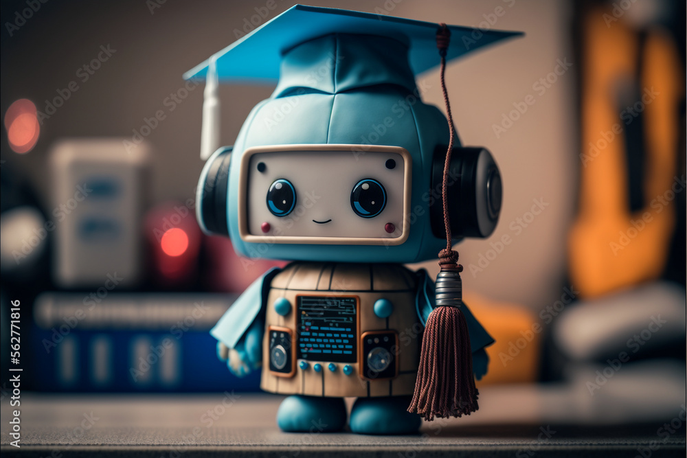 little cute robot wearing a turquoise graduation cap, beautiful big ...
