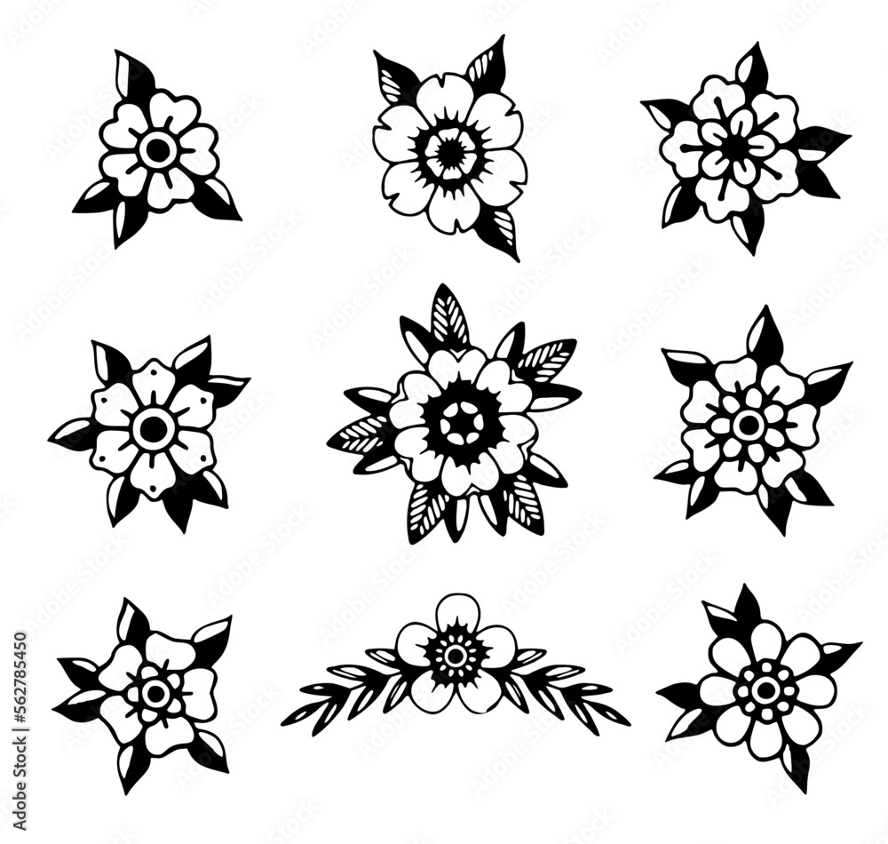 Traditional tattoo flowers rose poppy outline SVG vector Stock Vector ...