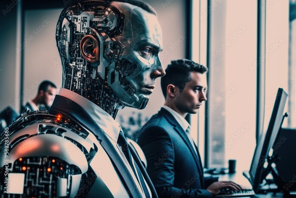 A business man working alongside an artificial intelligence cyborg in an office setting ...