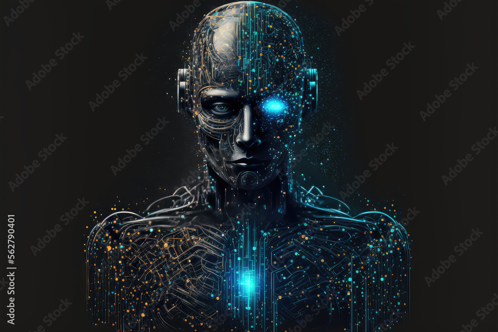 Artificial intelligence in humanoid head with neural network thinks. AI ...