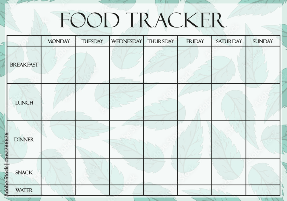 Food tracker page on pastel mint leaves background. Weekly planner ...