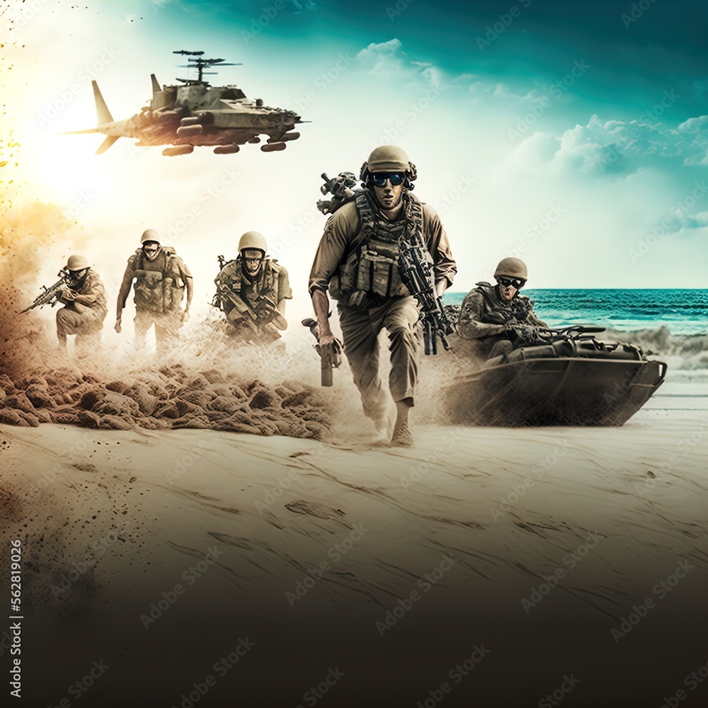Marine invasion on the beach. Action scene created with Generative AI ...